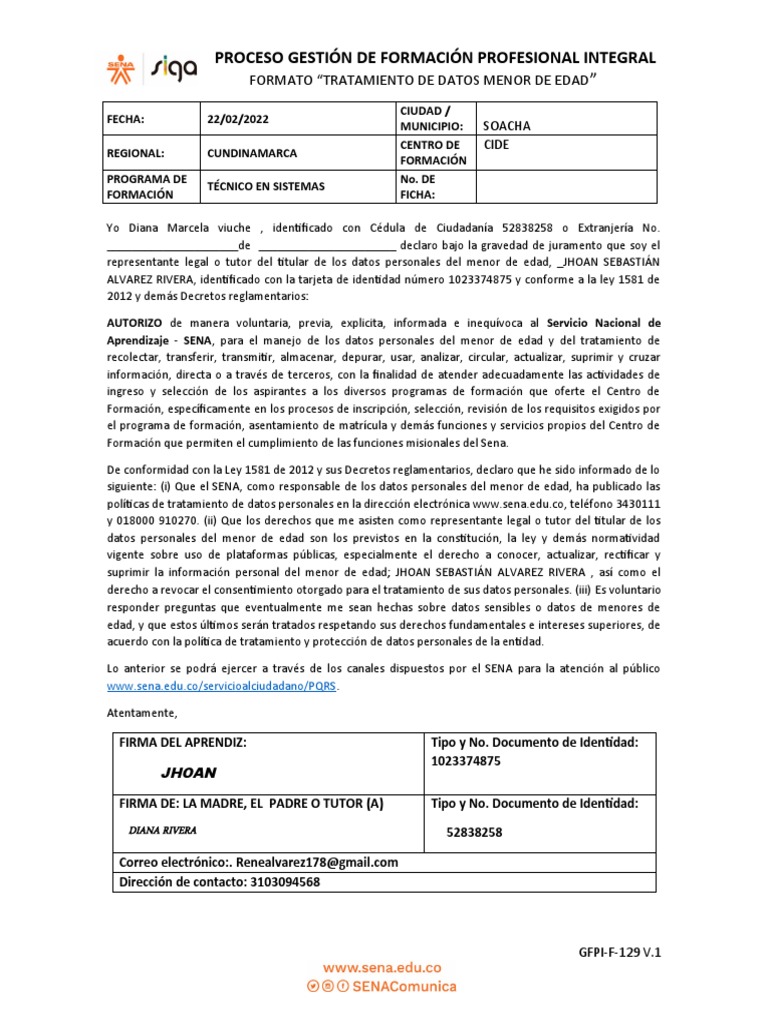 GFPI-F-129 Formato Tratamiento de Datos Menor de Edad | PDF | Justicia | Crimen y violencia