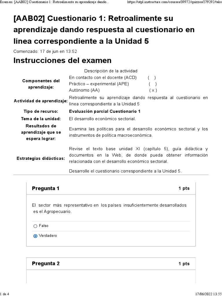 Examen (AAB02) Cuestionario 1 Retroalimente Su Aprendizaje Dando Respuesta Al Cuestionario en ...