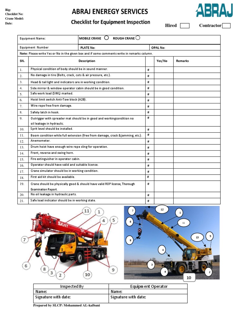 Mobile Crane Daily Inspection Checklist | PDF | Crane (Machine) | Equipment