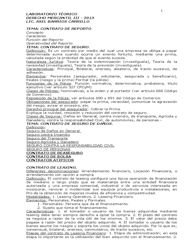 Laboratorio D. Mercantil Iii (Examen Final) 2013 | PDF | Arrendamiento | Póliza de seguros