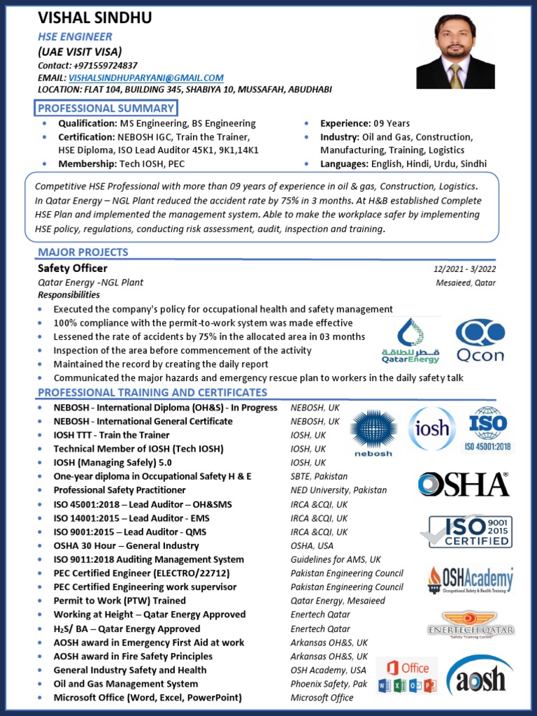Vishal Sindhu - CV-1 | PDF | Occupational Safety And Health | Safety