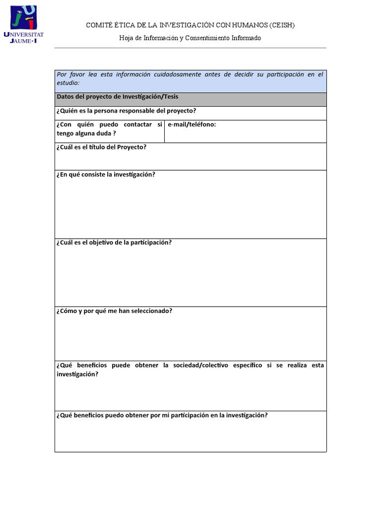 Hoja Información y Consentimiento Informado | PDF | Consentimiento informado