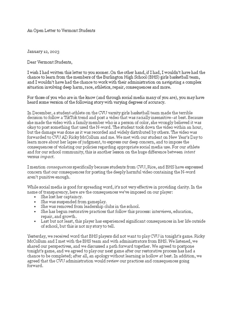 Open Letter on Racial Incident in Vermont Sports | PDF | Sports ...