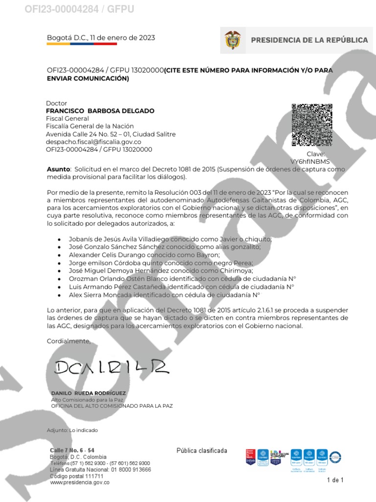 Carta Del Comisionado de Paz Danilo Rueda A La Fiscalía | PDF | Gobierno
