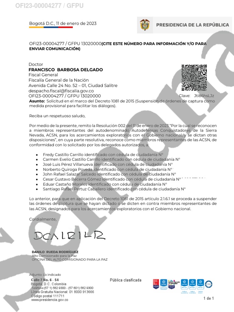 Carta Del Comisionado de Paz Danilo Rueda A La Fiscalía | PDF | Gobierno