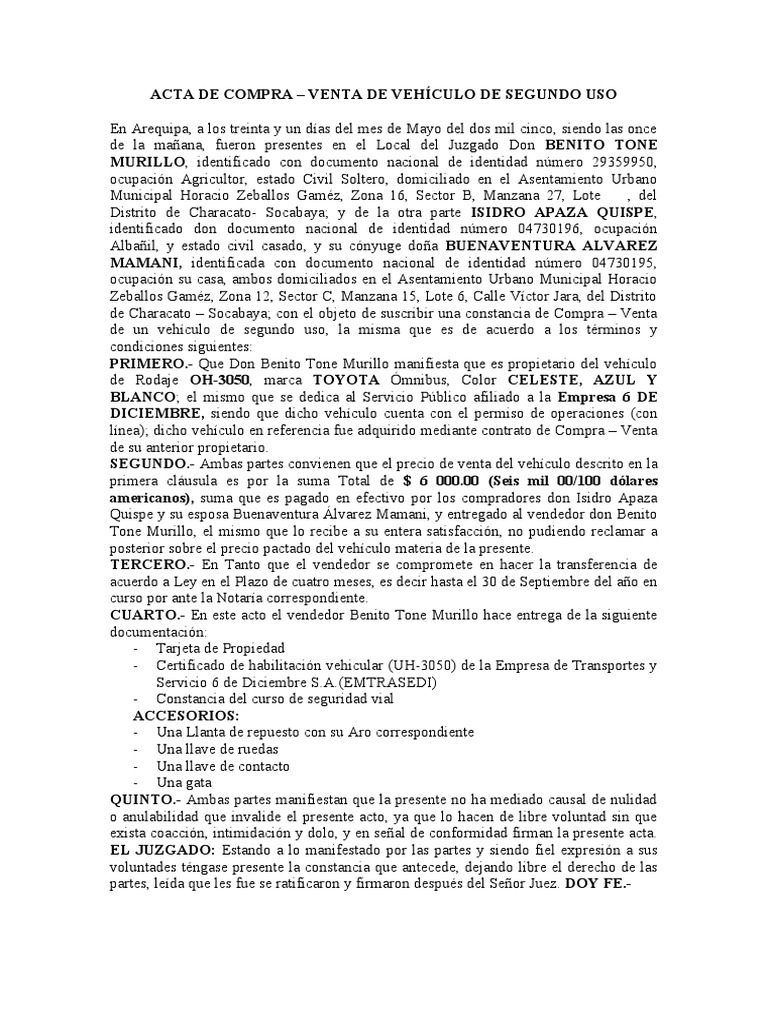 Acta de Compra-Venta de Vehiculo Usado | PDF