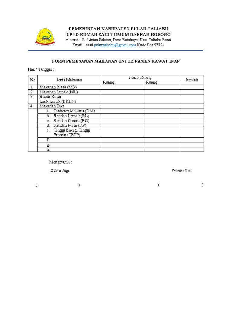Form Pemesanan Makanan Untuk Pasien Rawat Inap | PDF
