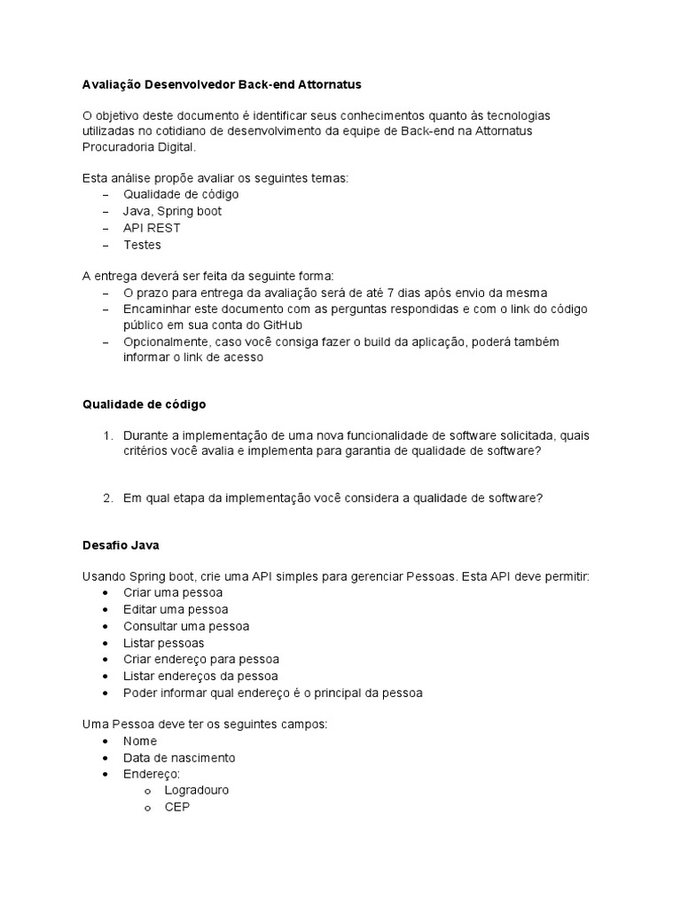 Avaliao Desenvolvedor Backend | PDF | Carreira e Crescimento