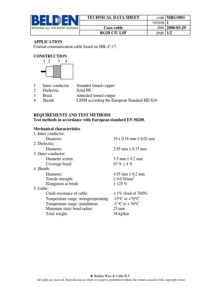 Cable rg58 Datasheet | PDF | Coaxial Cable | Electricity