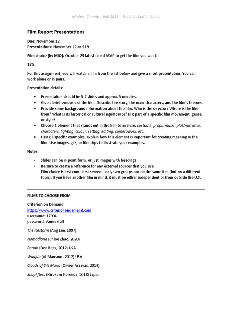 Modern Cinema - Film Report Presentations | PDF