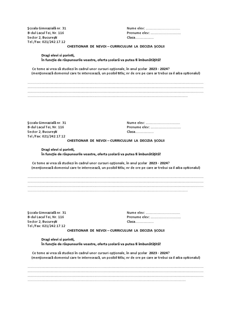 Chestionar Nevoi Curriculum 2023-2024 | PDF | Career & Growth