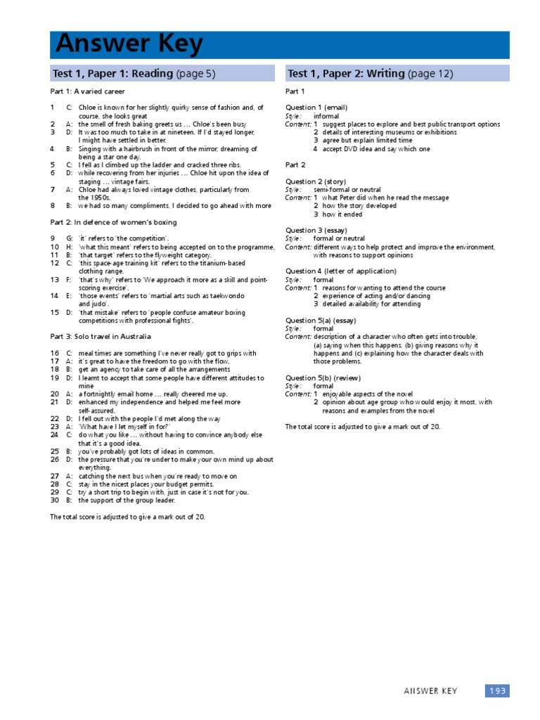 Test 1 Answer Key provides reading and writing exam responses | PDF ...