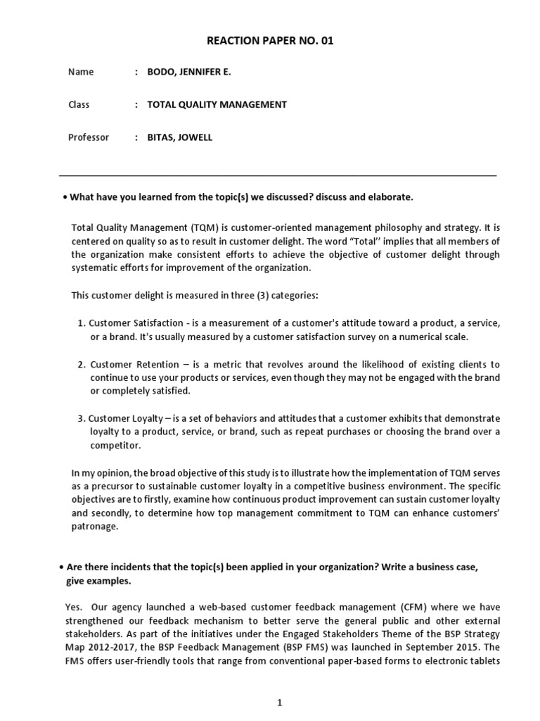 TQM DBP 3B7 - BODO, JENNIFER E - Reaction Paper No. 01, 02, 03, & 04 - Merged | Download Free ...