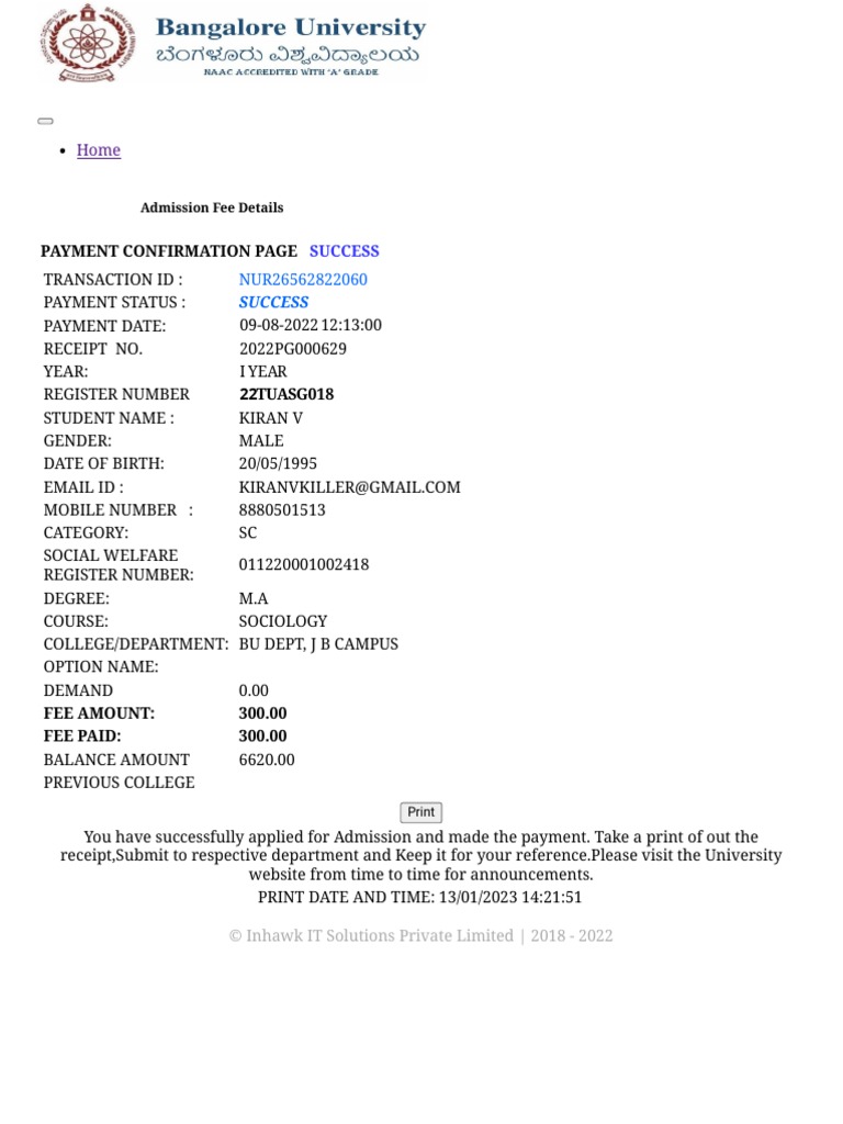 Bangalore University Admission Receipt | PDF | Finance & Money Management