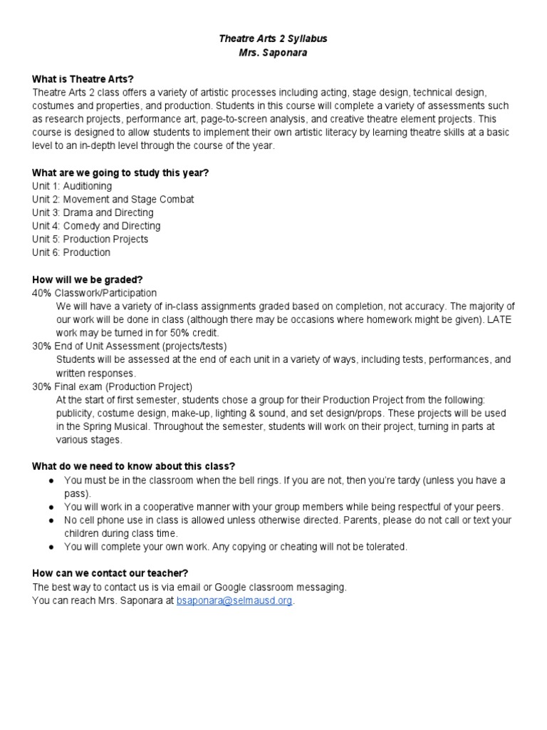 Theatre Arts 2 Syllabus | PDF