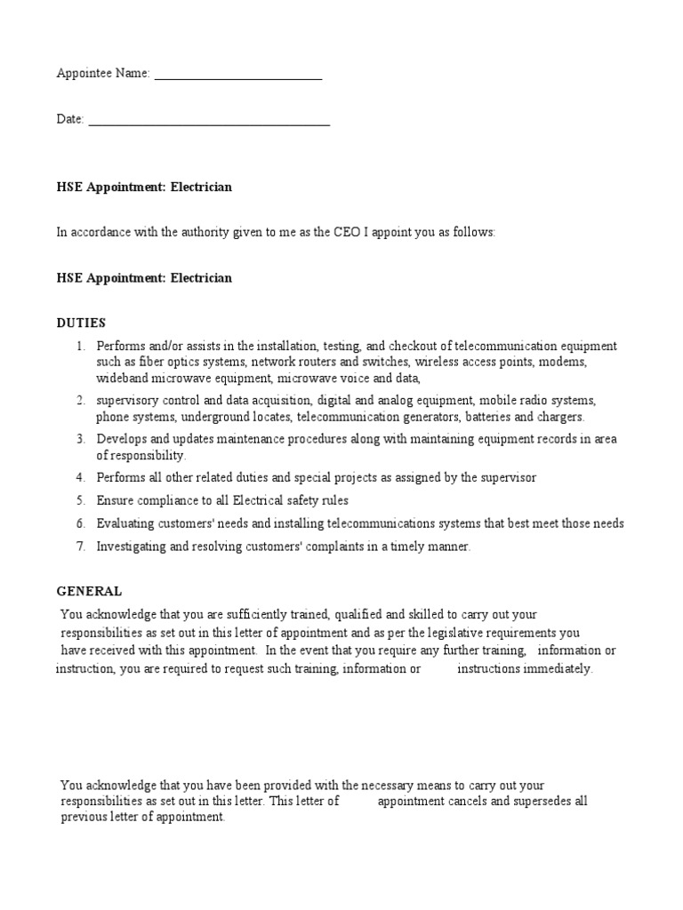 Electrician Appointment Letter | PDF