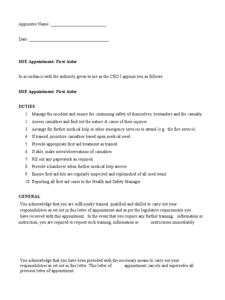 Appointment - First Aider | PDF