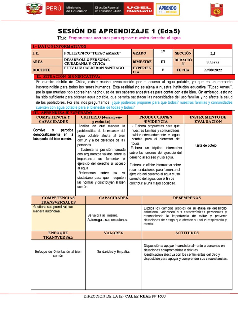 Sesion de Aprendizaje DPCC 1° 22 de Agosto | PDF | Las emociones | Agua