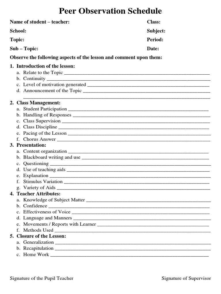 Peer Observation Checklist | PDF | Teachers | Linguistics