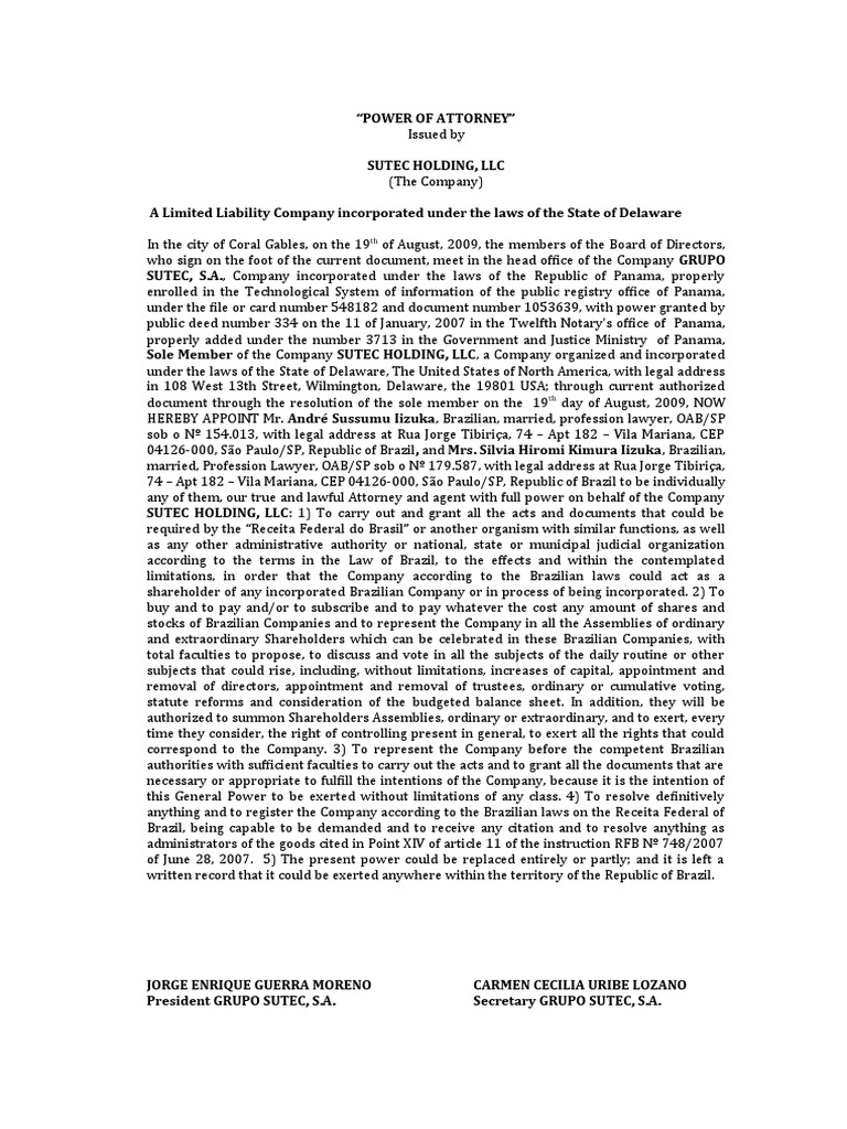 Power of Attorney of Sutec Holding LLC To Andre Iizuka and Other To Act ...