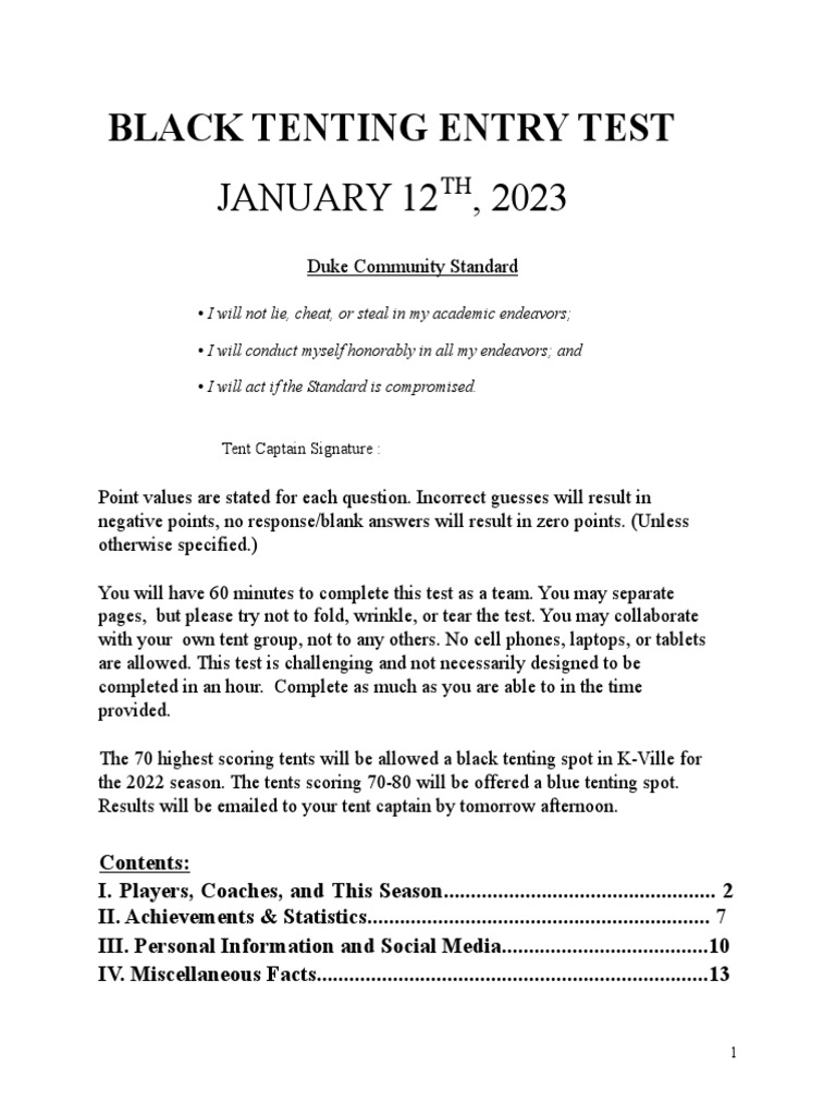 Duke Basketball Tenting Entry Test | PDF | Games & Activities