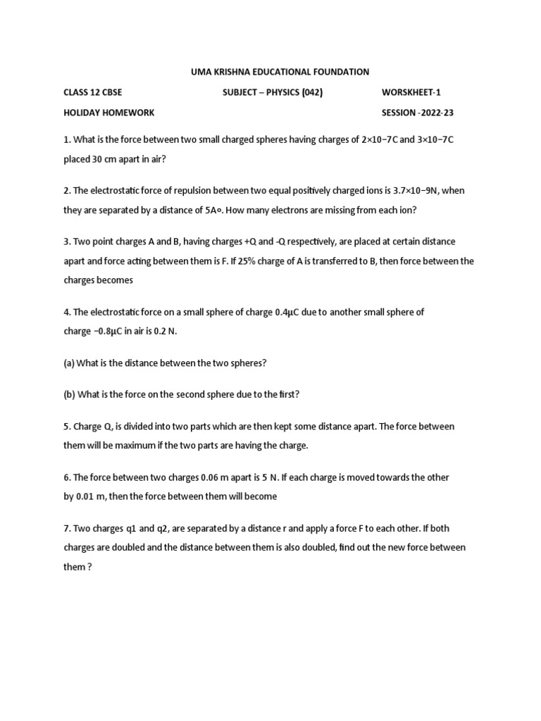 Worksheet 1 Class 12 Physics | PDF