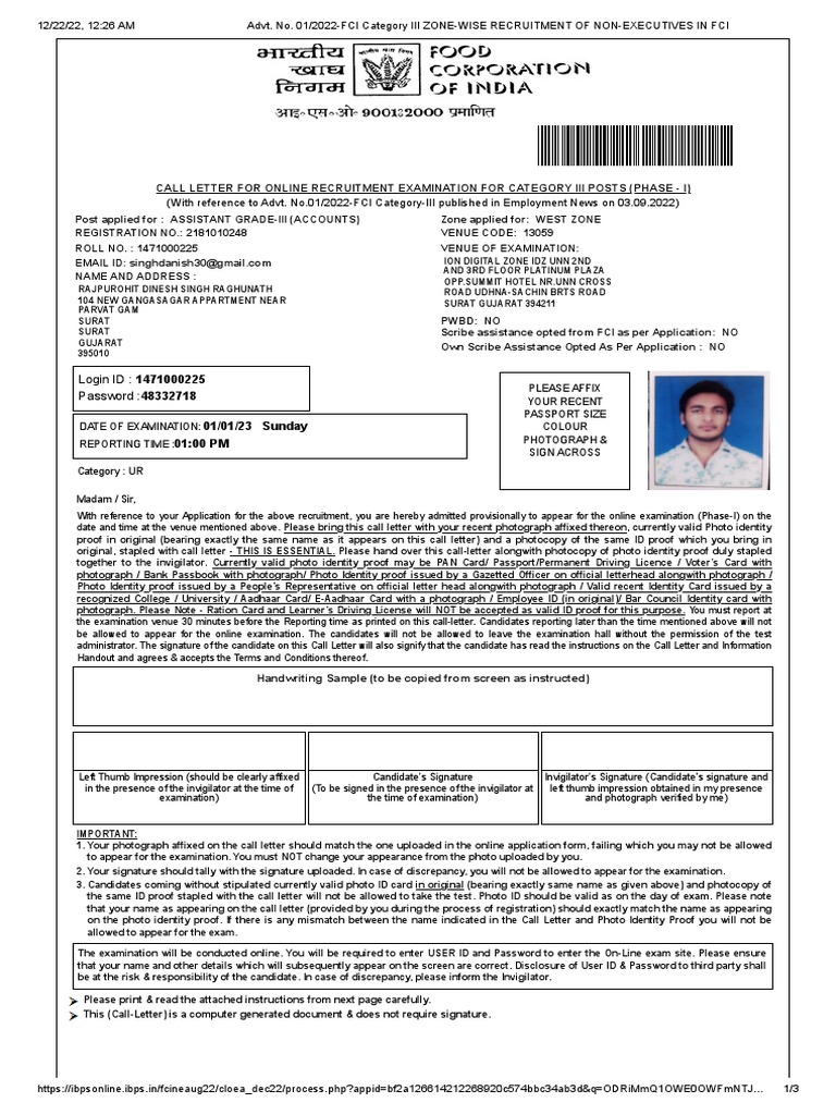 FCI Admit Card | Download Free PDF | Test (Assessment) | Identity Document