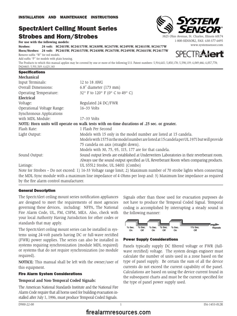 System Sensor SA Ceiling Strobes and Horn Strobes Manual | Download ...