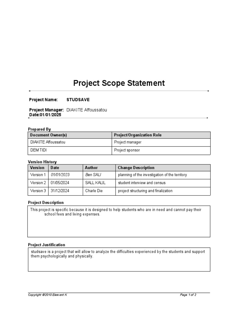 Blank Project Scope Statement STUDSAVE | PDF