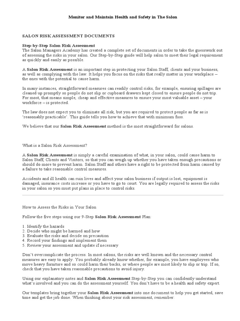 Salon Risk Assessment Documents | PDF | Risk | Risk Assessment