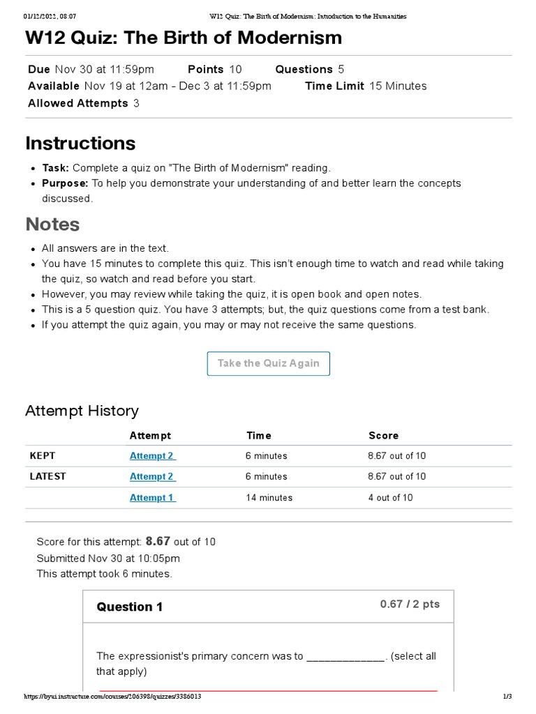 W12 Quiz - 2the Birth of Modernism - Introduction To The Humanities | PDF | Modernism ...