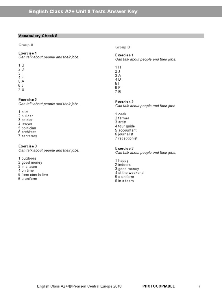 ECA2+ Tests Unit 8 Key 2018 | PDF