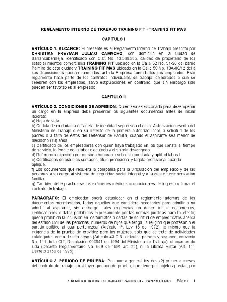 01-Reglamento Interno de Trabajo Training Fit | PDF | Salario | Salario mínimo