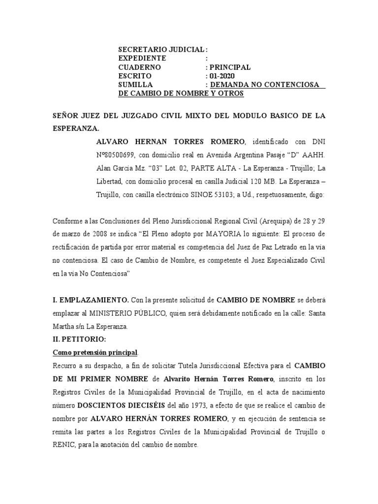 Solicitud de cambio de nombre y adición de prenombre materno en acta de nacimiento | PDF ...