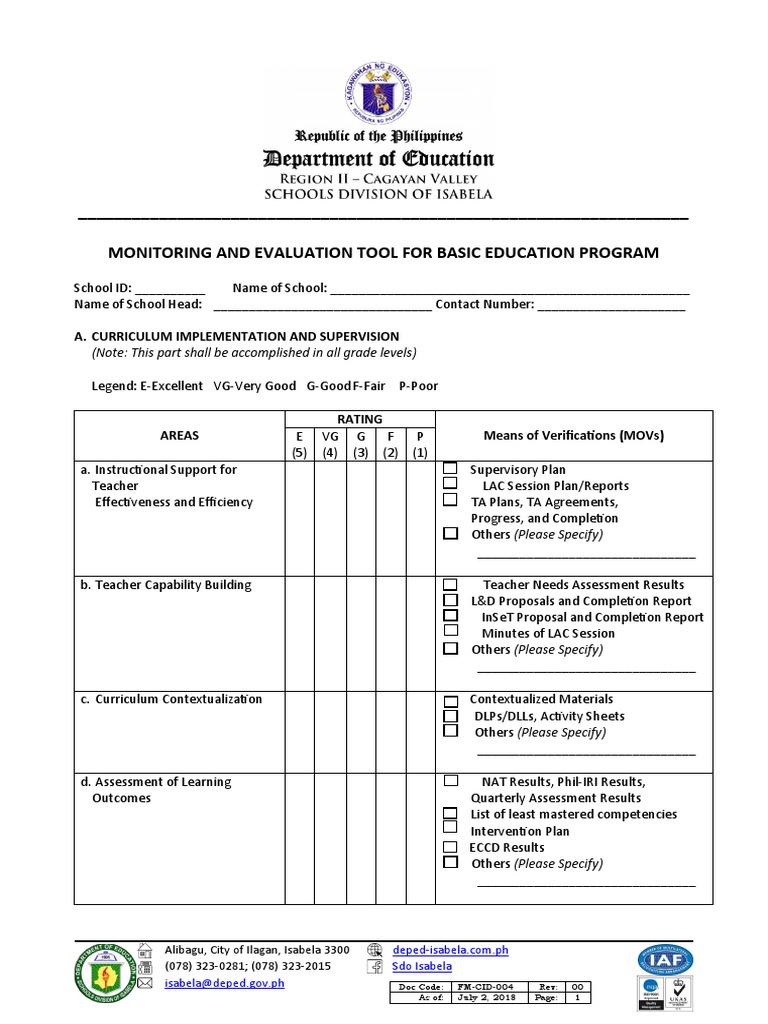 Monitoring Tool for Basic Education | PDF | Curriculum | Teachers