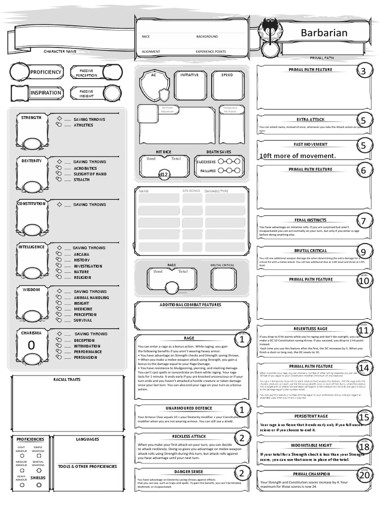 Barbarian Character Sheet Overview | PDF | Gaming | Role Playing Games