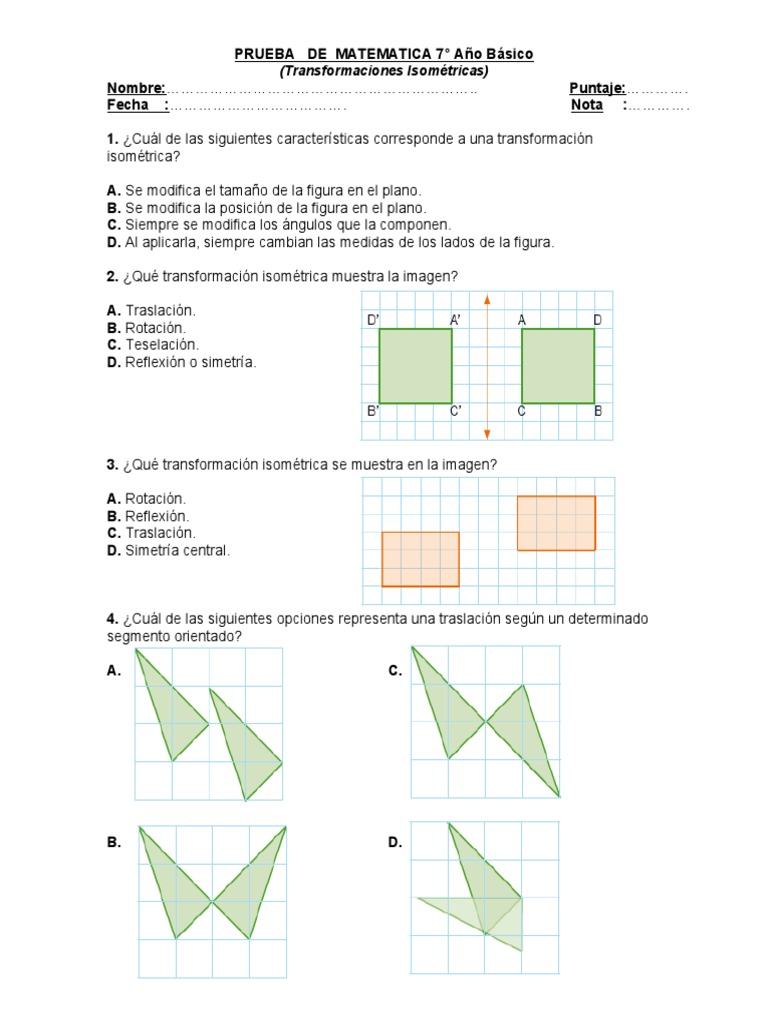 Prueba Transformaciones Isométricas 8° | PDF | Triángulo | Simetría
