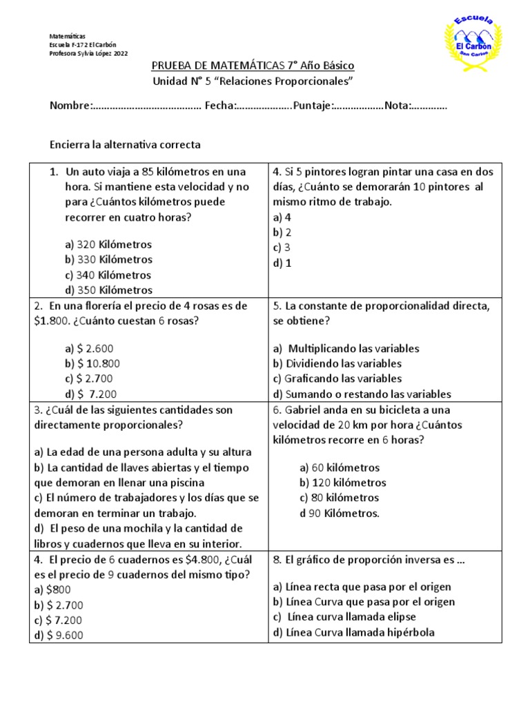 Prueba Proporciones 7º 2022 | PDF | Matemáticas