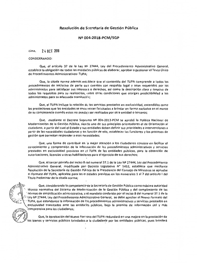 RSGP 2018 004 PCM SGP Nuevo Formato Tupa | PDF