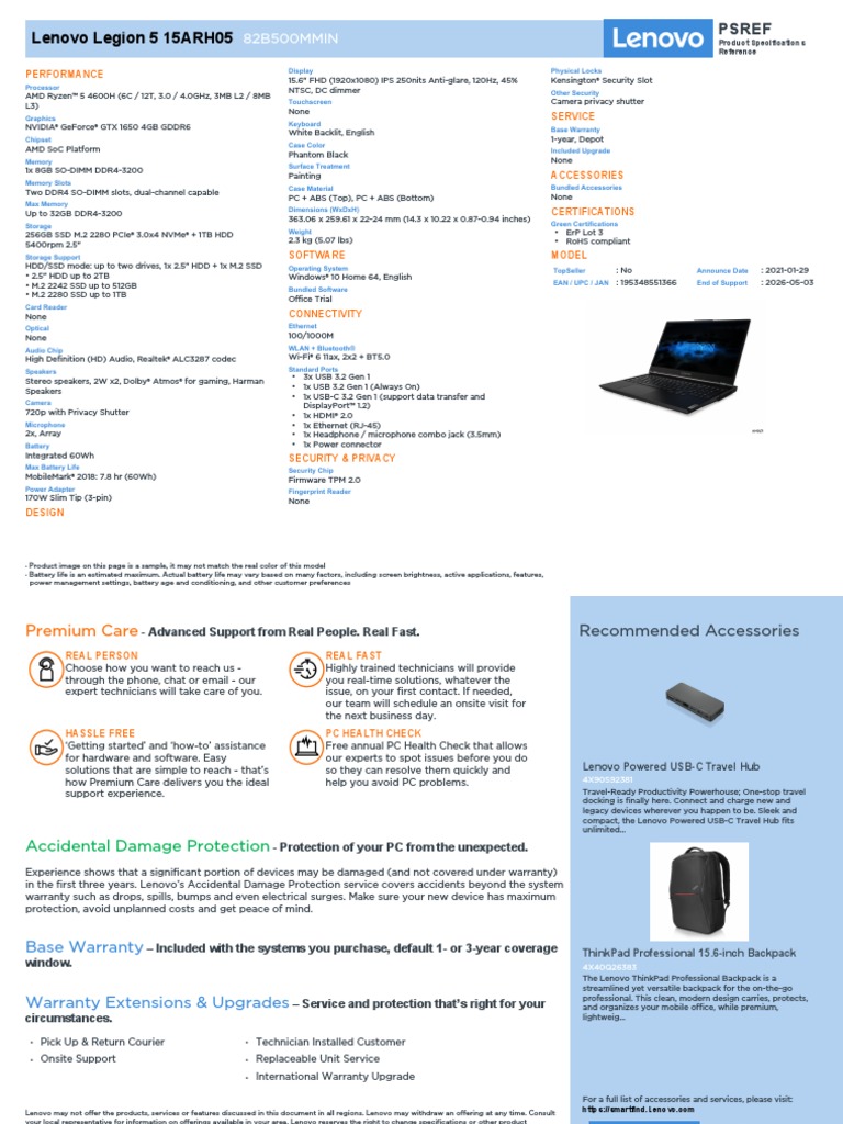Lenovo Legion 5 15ARH05 82B500MMIN | PDF | Consumer Electronics | Personal Computing