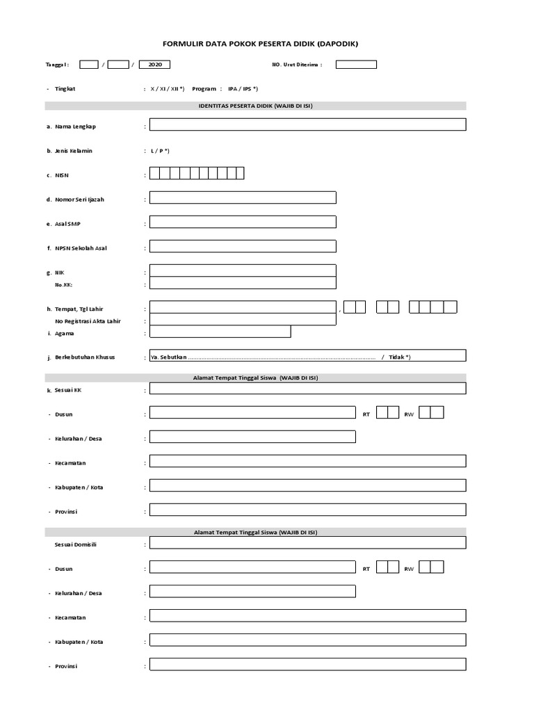 Contoh Formulir Dapodik Siswa | PDF