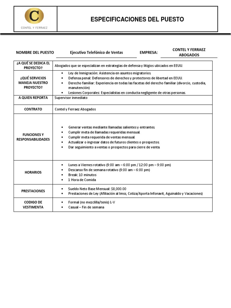 Especificaciones Del Puesto | PDF