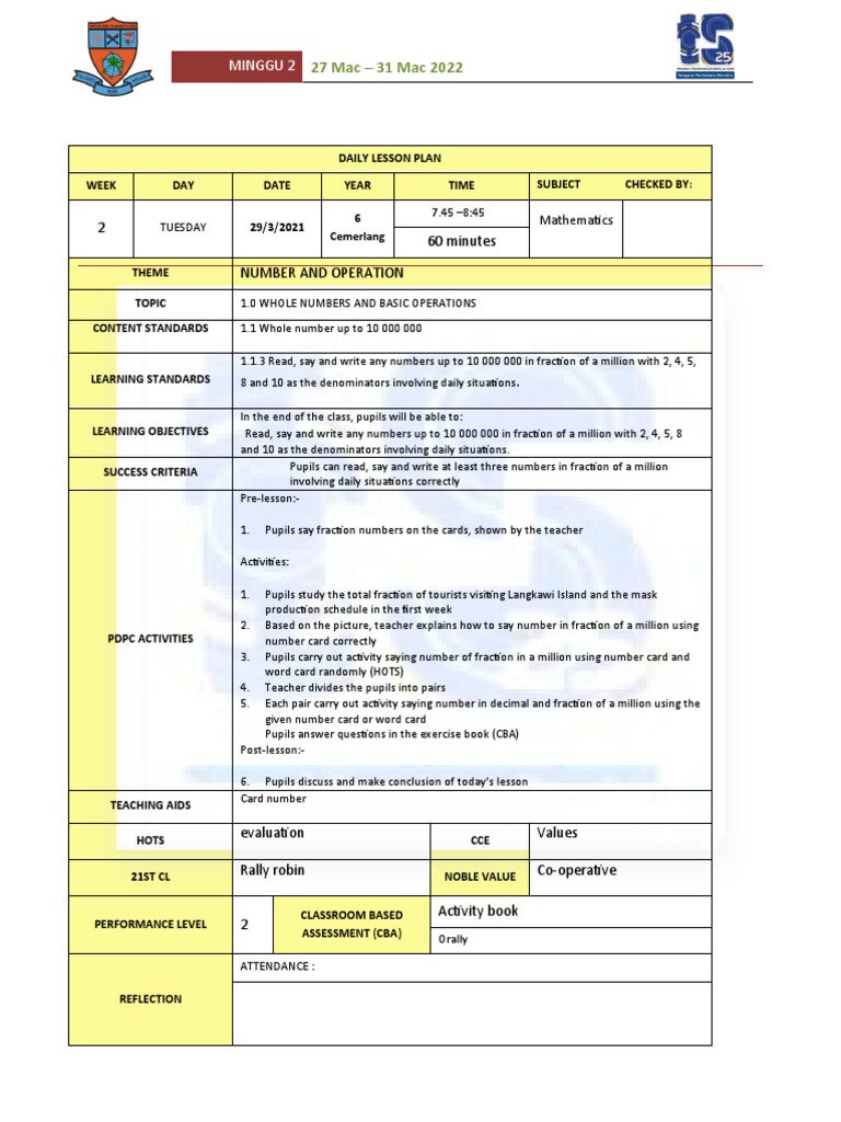 Daily Lesson Plan for Teaching Whole Numbers and Basic Operations in ...