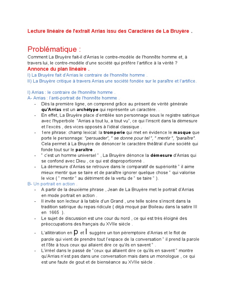 Lecture Linéaire de L'extrait Arrias Issu Des Caractères de La Bruyère ...