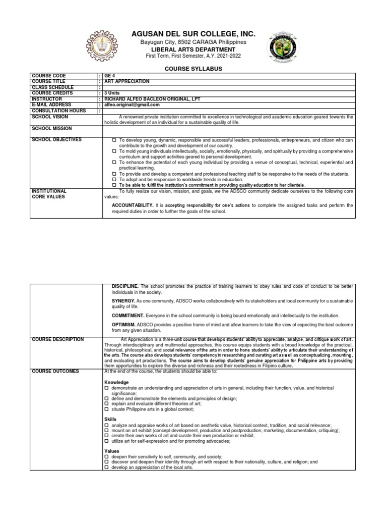 Syllabus - Art Appreciation | PDF | Aesthetics | Paintings