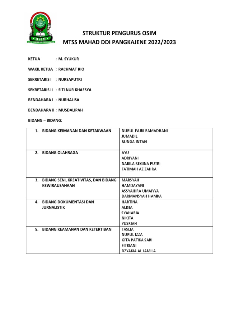 Struktur Pengurus Osim | PDF