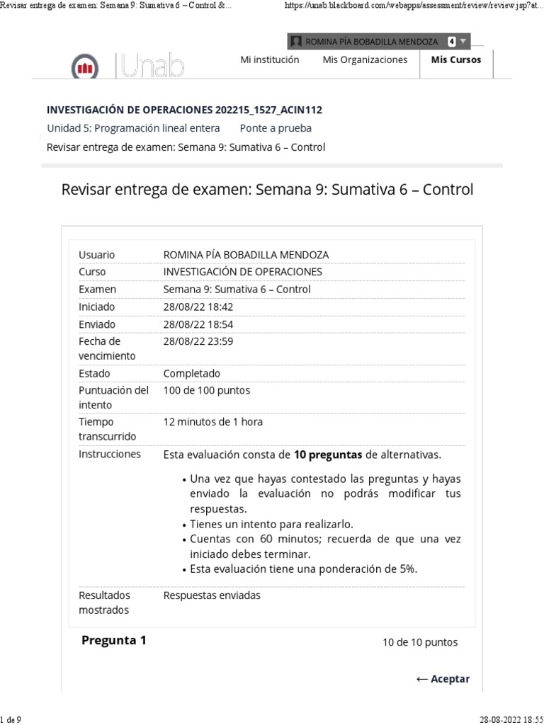 Revisar Entrega de Examen Semana 9 Sumativa 6 - Control &... | PDF | Prueba (evaluación ...