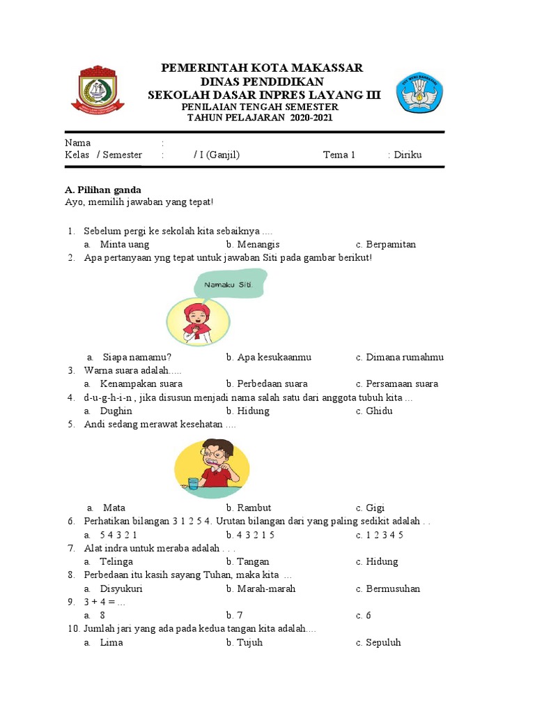 UTS Kelas 1 Tema 1 & 2 SMT Ganjil 2020-2021 | PDF | Seni & Disiplin Bahasa