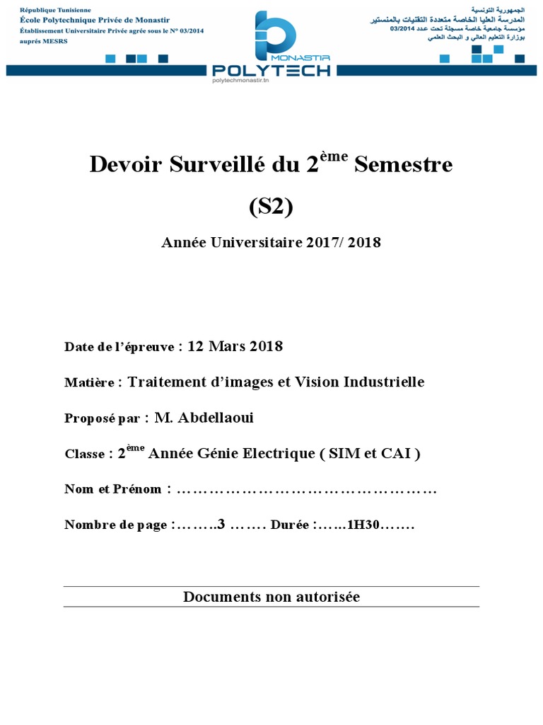 EL4 - Traitement D'images Et Vision DS2 - 2017-2018 | PDF | Image numérique | Conception de la ...
