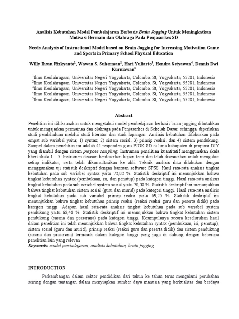 Analisis Kebutuhan Model Pembelajaran Berbasis Brain Jogging Untuk ...